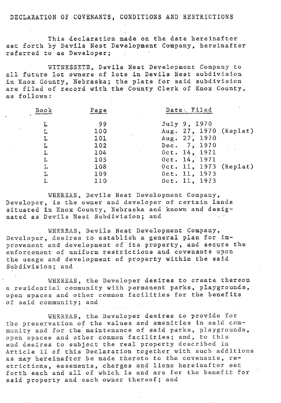 Covenants, Conditions, & Restrictions – Devils Nest Development Nebraska