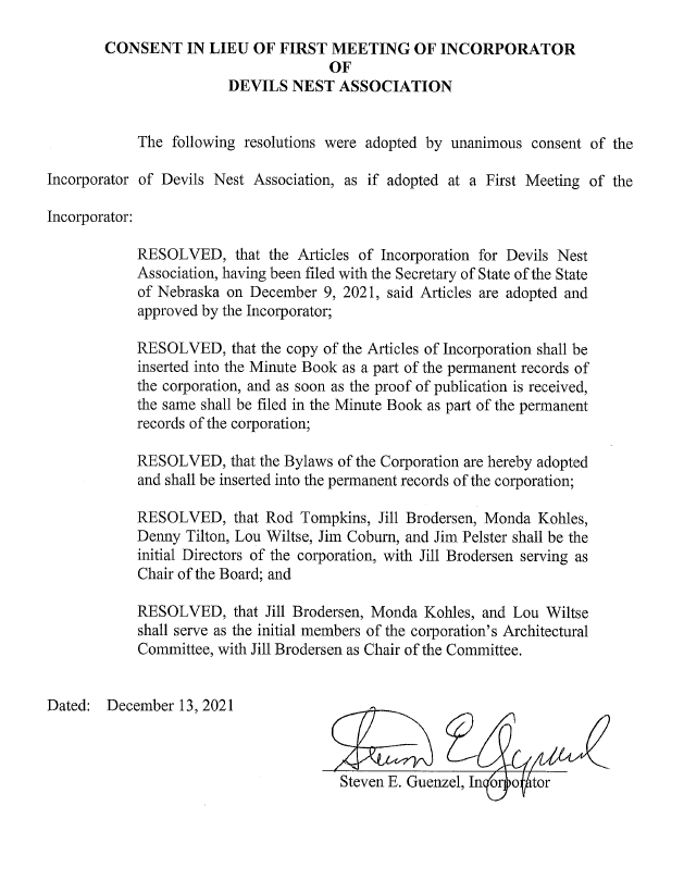 Consent in Lieu of First Meeting of Devils Nest Association – Devils ...