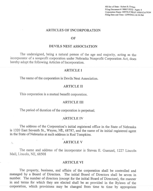 Articles of Incorporation – Devils Nest Development Nebraska